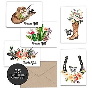 Paper Frenzy Western Thanks Y'all Thank You Note Cards and Kraft Envelopes - 25 pack