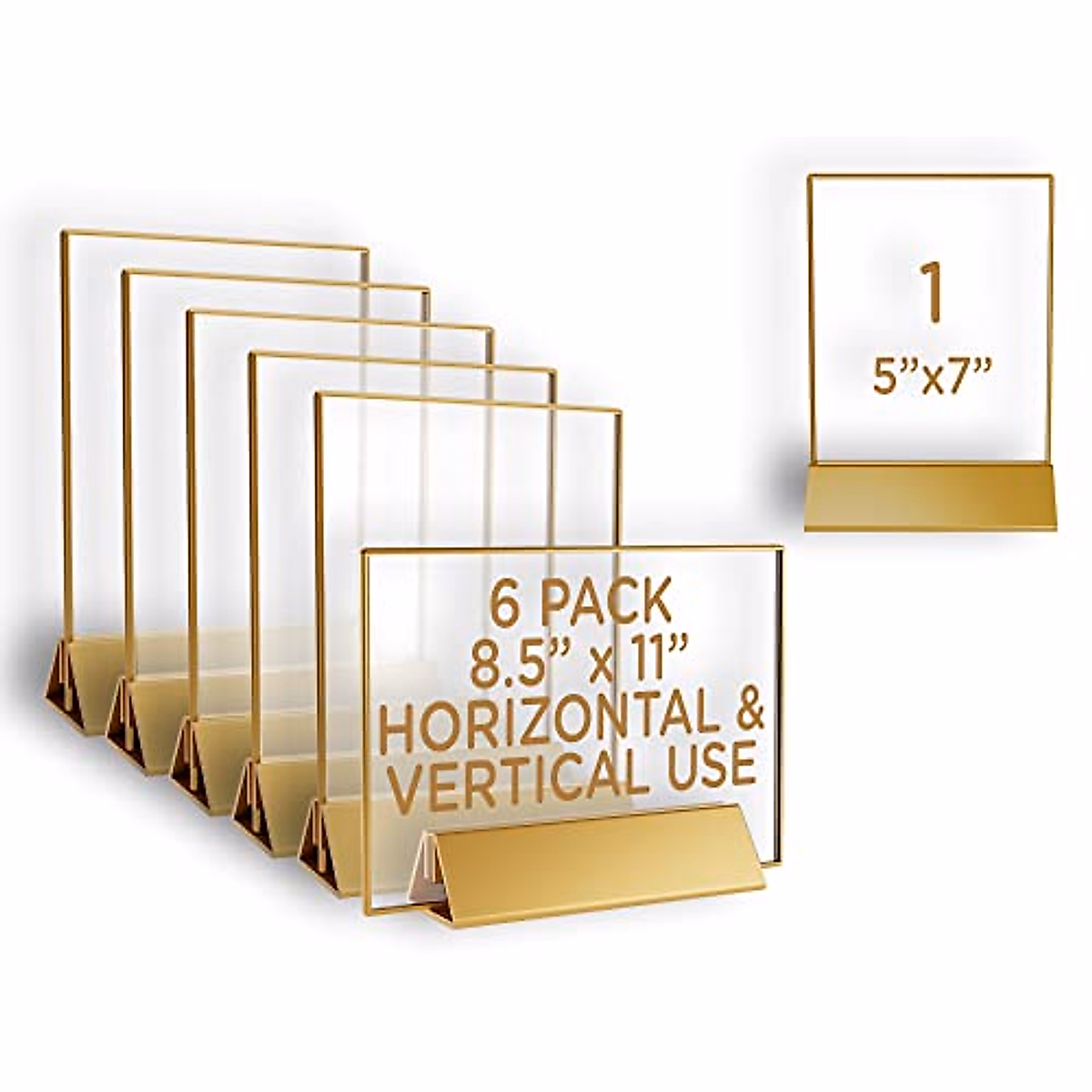 Gold Acrylic Sign Holder 8.5 x 11, Gold Frame, Acrylic Paper Holder Stand, Plastic Display Stands 8.5x11, Double Sided Vertical or Horizontal Menu Holders for Restaurant, Clear Paper Stand Display, Flyer Holder 8.5 x 11, Clear Acrylic Picture Frame, (6 Pa