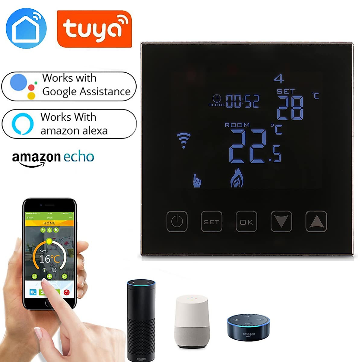 Wengart® WiFi Smart Thermostat WG603,Heat Only AC90-240V Max3A 2.4GHz Wi-Fi APP TUYA for Radiant Floor Heating,Compatible with Alexa Echo/Google Home Black
