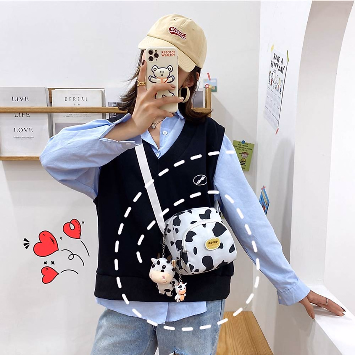 JUMISEE Cute Cow Print Canvas Crossbody Purse Small Cell Phone Bag Shoulder Handbag for Men Women Kids