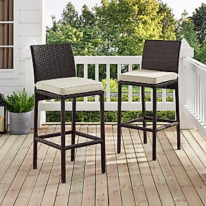 Crosley Furniture Palm Harbor Wicker Outdoor Bar Stools, Set of 2, Patio Furniture for Backyard, Balcony, Brown with Sand Cushion