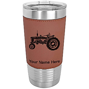 LaserGram 20oz Vacuum Insulated Tumbler Mug, Old Farm Tractor, Personalized Engraving Included (Faux Leather, Dark Brown)