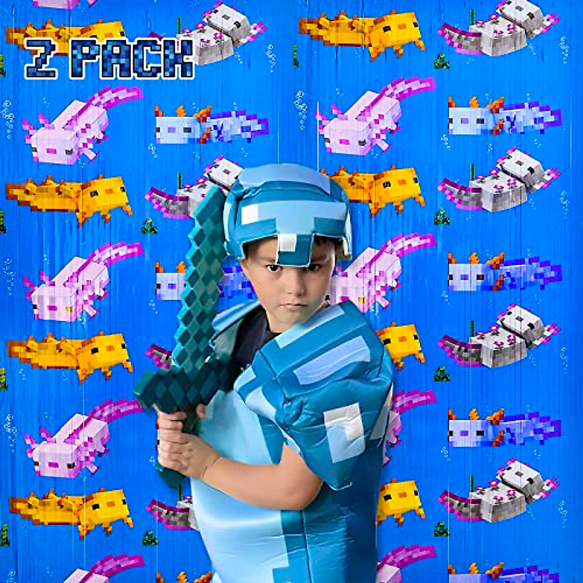 Bupelo Pixel Game Themed Party Supplies,2 Packs of Axolotl Tinsel Foil Fringe Curtains, Miner Themed Photo Booth Prop Backdrop Streamer, Axolotl Birthday Party Decorations, Room Decor for Kids