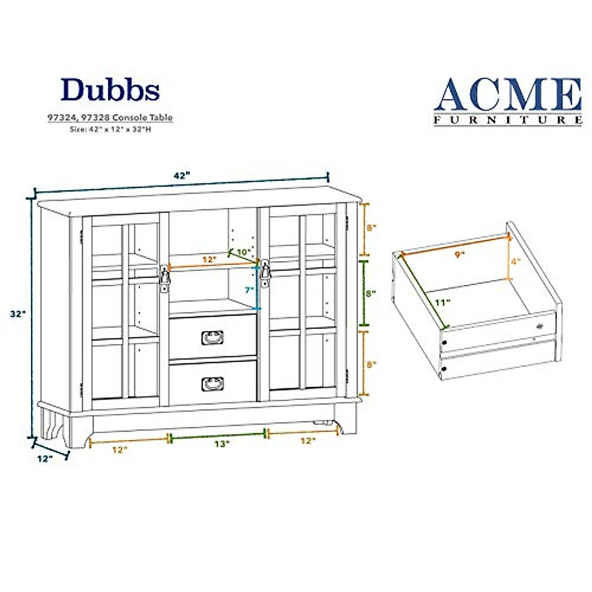 Knocbel Contemporary Console Table Buffet Sideboard Storage Cabinet with 2-Drawer, 2 Open Compartments & 2 Glass Doors, 42" L x 12" W x 32" H (Espresso)