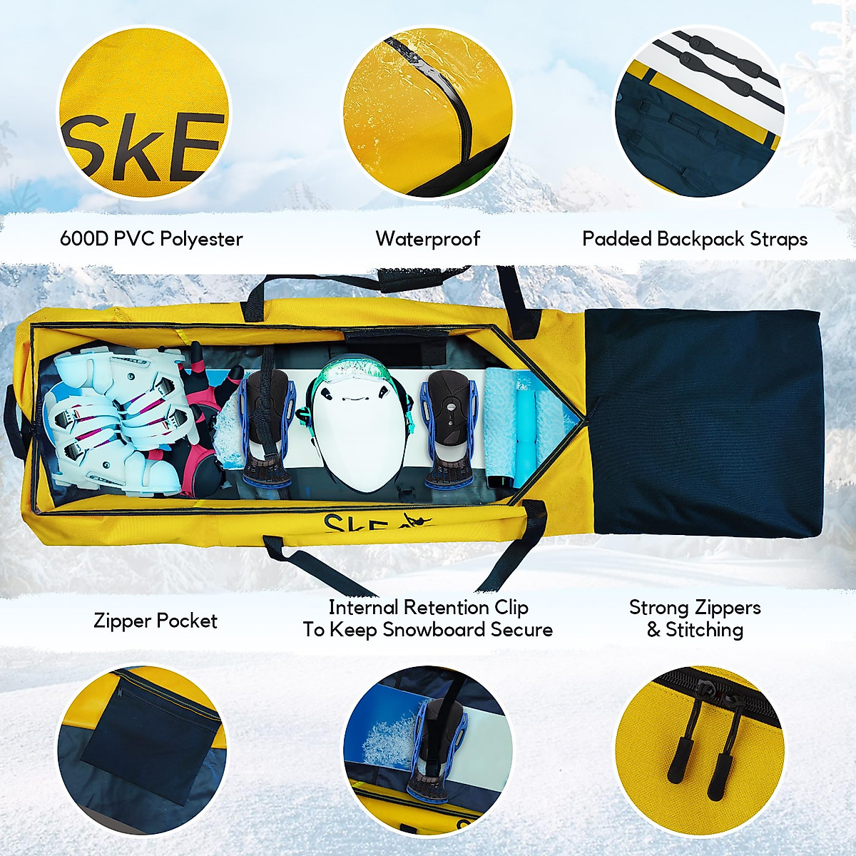 SkEASON Travel Snowboard Bag - Water Resistant Snowboard Backpack w/ 900D & 600D PVC Polyester - Snowboard Carry Case w/Strong Stitching - Snowboard Bag for Two - Helmet, Board, Boots, & More