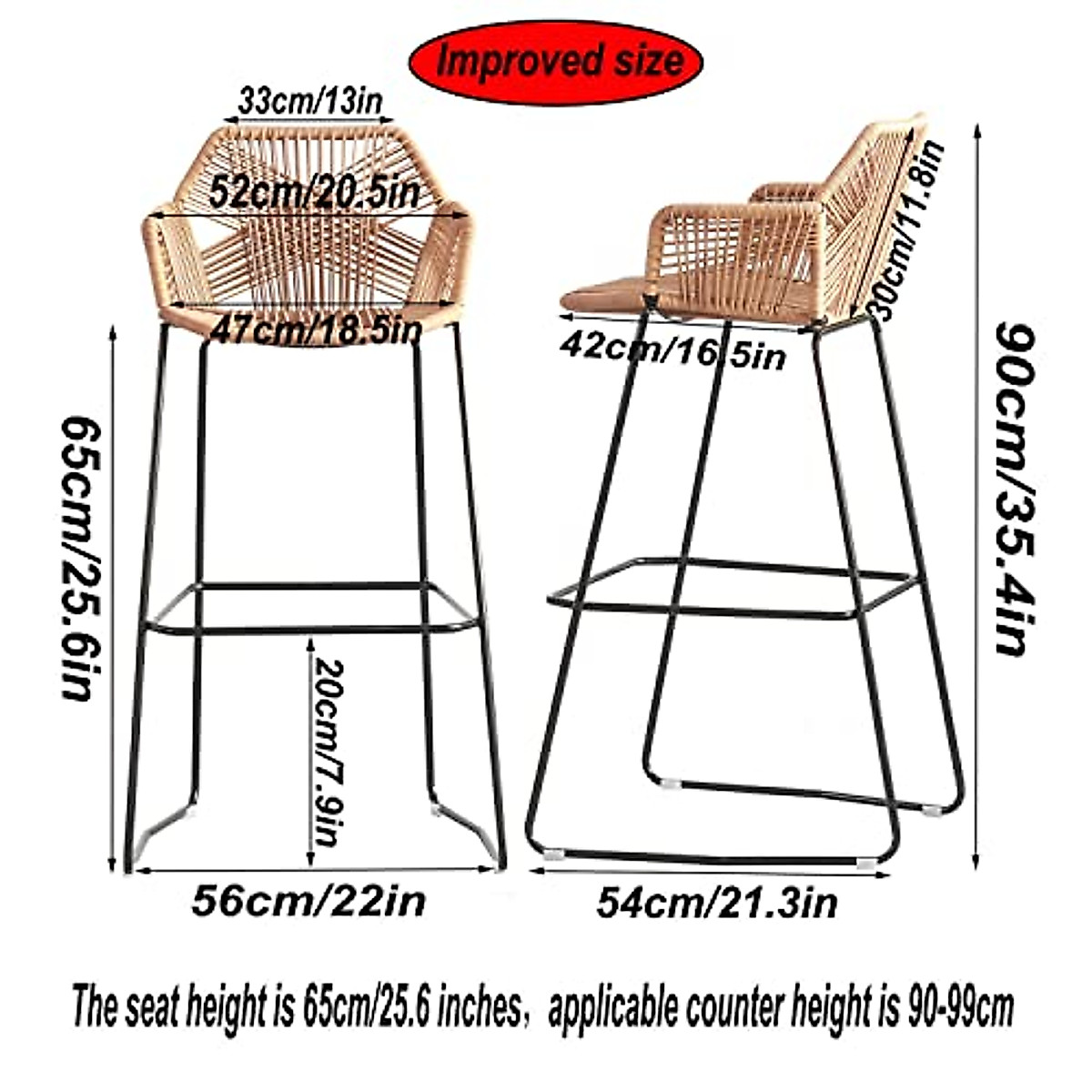 LAOHETLH Beige Rattan Bar Stool Bar Chairs Set of 2 Comfortable Simple and Beautiful Counter Chair Home Décor Rattan Barstools Chair with Footrest & Back