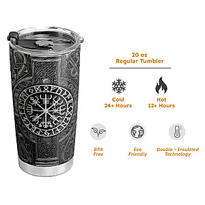 20oz Viking Gifts for Men, Norse Mythology Gifts, Valentines Day Gifts for Him, Birthday, Inspirational Gifts, Vegvisir Viking Symbol Tumbler Cup, Insulated Travel Coffee Mug with Lid