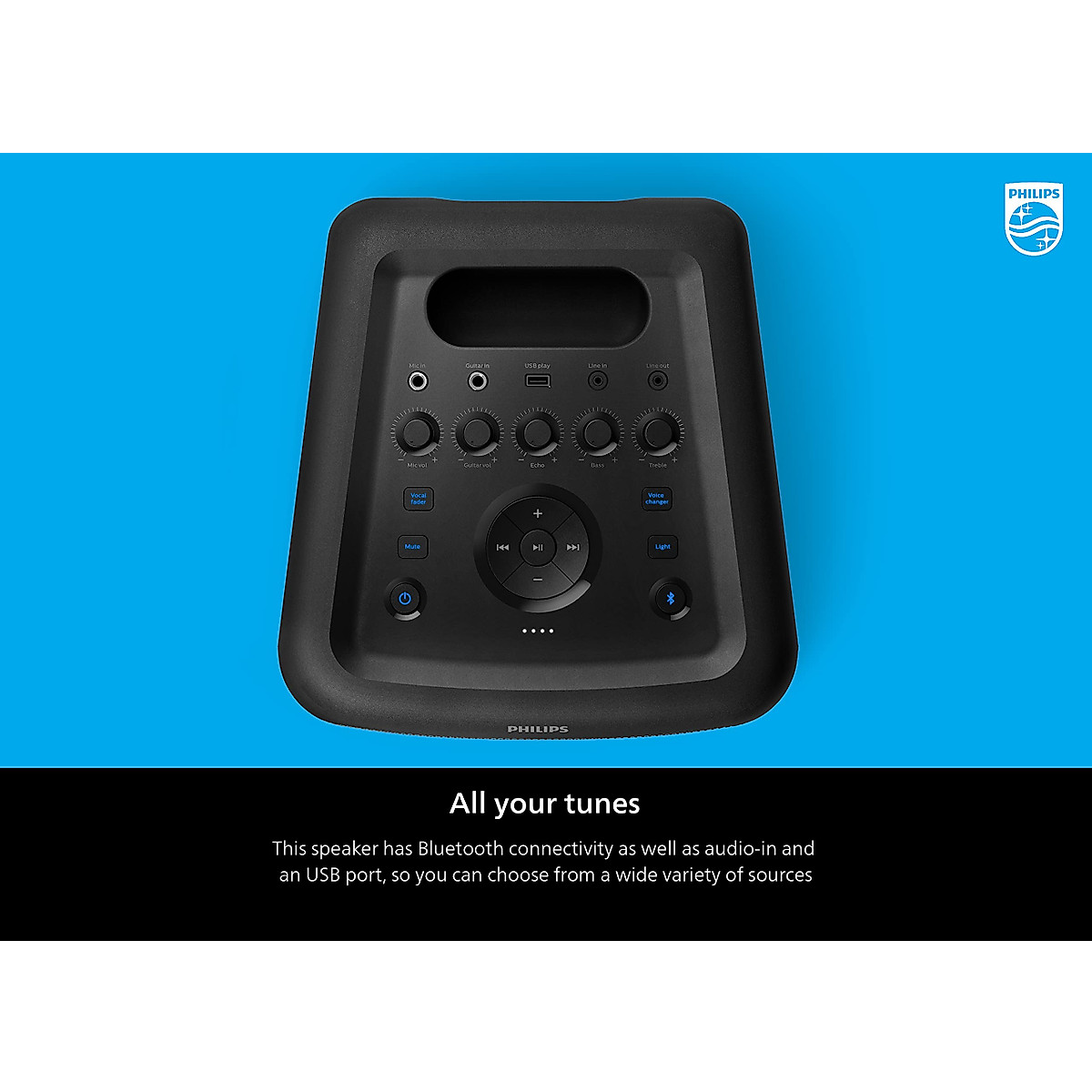 PHILIPS X3206 Bluetooth Party Speaker with Deep bass, Up to 14 Hours Battery, Party Lights and Karaoke Effects, Microphone and Guitar Input, Audio-in, USB Charging, Built-in Trolley, TAX3206