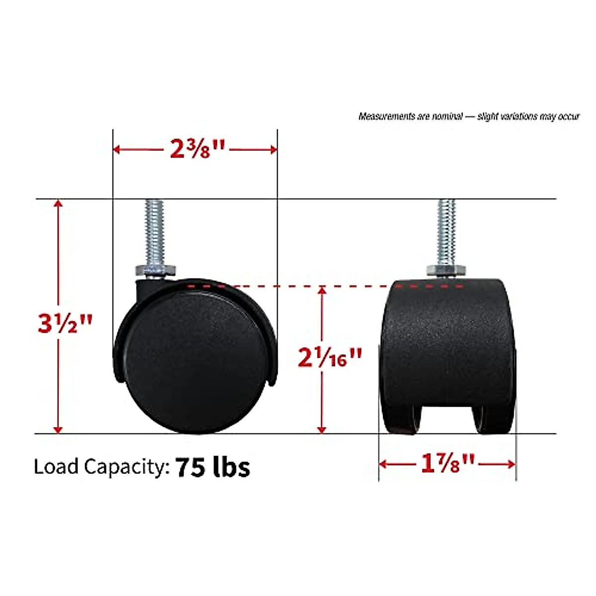 Shepherd Hardware 9733 2-Inch Office Chair Caster, Twin Wheel, 5/16-Inch Threaded Stem Diameter, 75-lb Load Capacity,Black