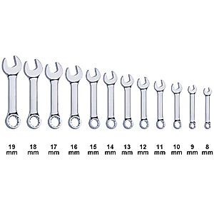 Premium Stubby Combination Wrench Set with Roll-up Pouch, 12-Piece, Metric, 8mm to 19mm, No Skipped Size | Cr-V Steel, Mirror Polished Finish | Short Length and Slim Body, Perfect for Confined Areas