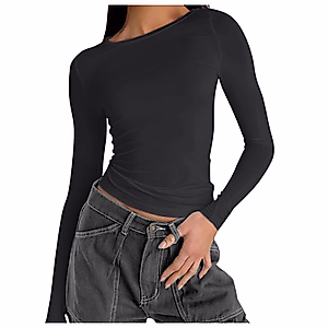 Fujiuia Women's T-Shirt Round Neck Casual Long-Sleeved T-Shirt Solid Color Fitting Pullover Bottom T-Shirt