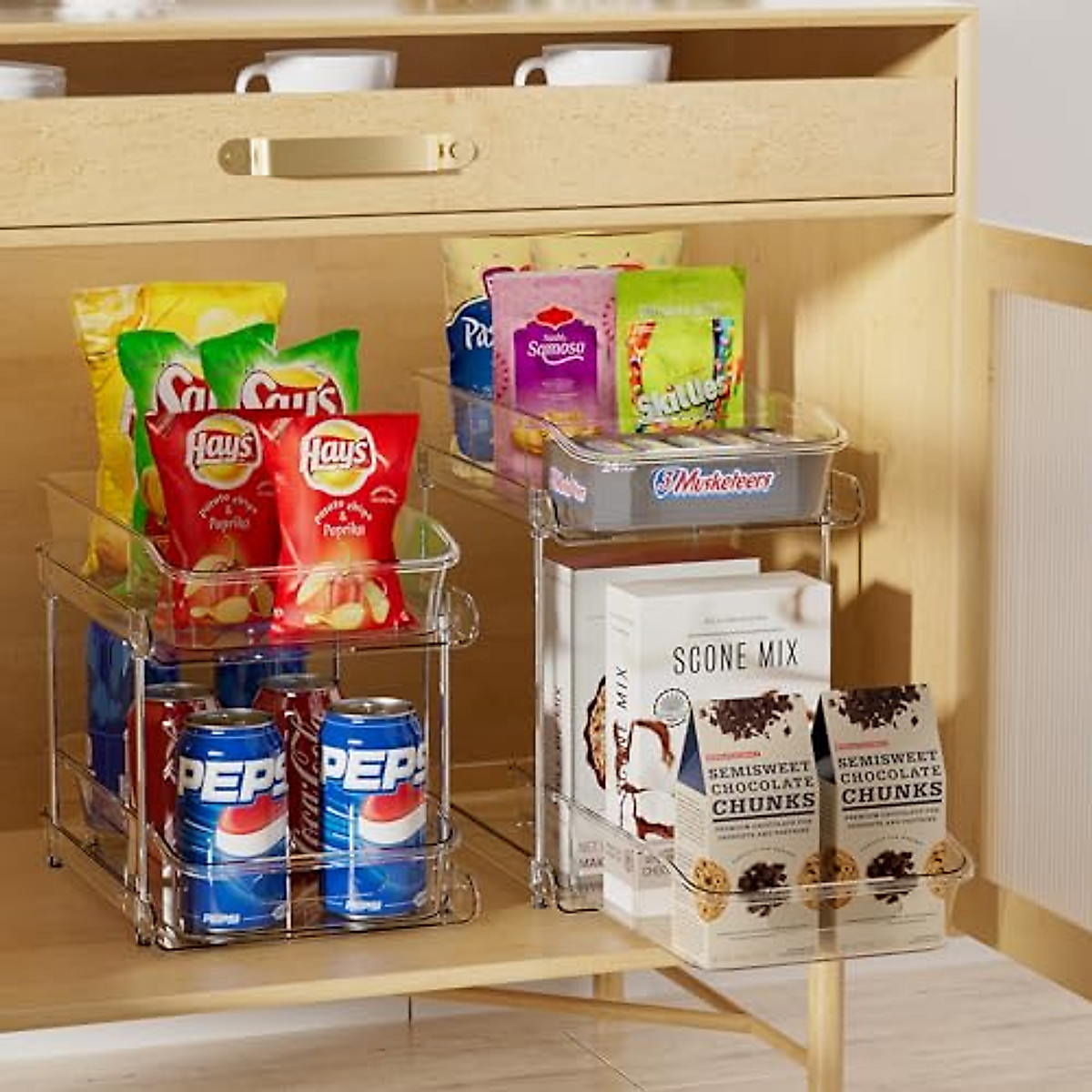 Delamu 2 Sets of 2-Tier Clear Under Sink Organizers and Storage, Multi-Purpose Stackable Bathroom Cabinet organizers, Pull Out Kitchen Pantry Organization and Storage with Dividers