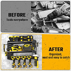 Spacecare Power Tool Organizer, Drill Holder Wall Mount with 2 Side Pegboards with Hooks, 3 Layer Garage Organization Floating Cordless Heavy Duty Tool Organizers Utility Rack for 4Drill Holders Black