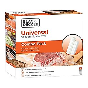 Black + Decker Vacuum Sealer Bags Combo Pack of 5 Rolls, Use for Sous Vide or Meal Prep, BPA Free, Dishwasher Safe, Tear Resistant, Safe to Microwave, Boil, or Freeze