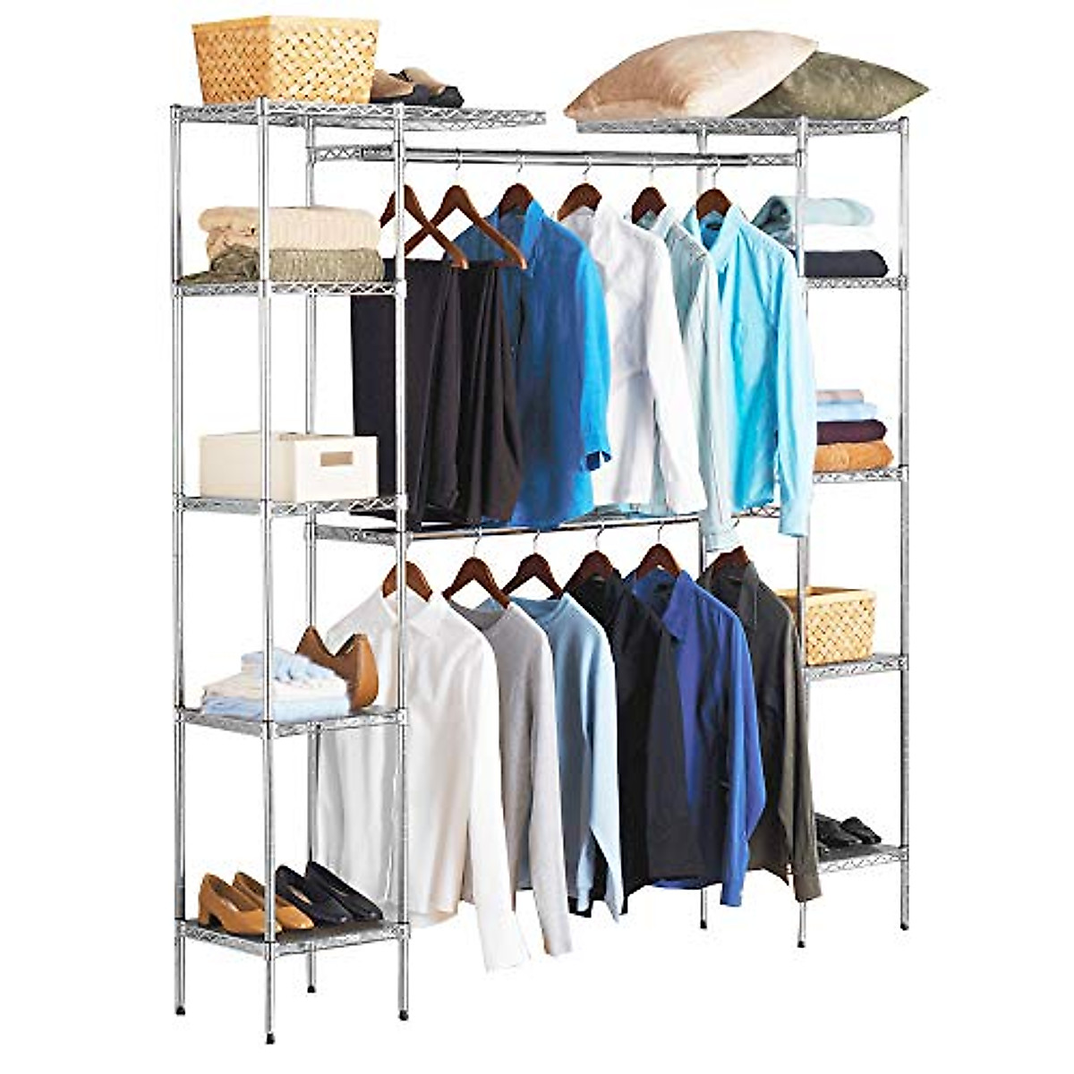 Seville Classics Double-Rod Expandable Clothes Rack System Closet Organizer, 58" to 83" W x 14" D x 72", Chrome