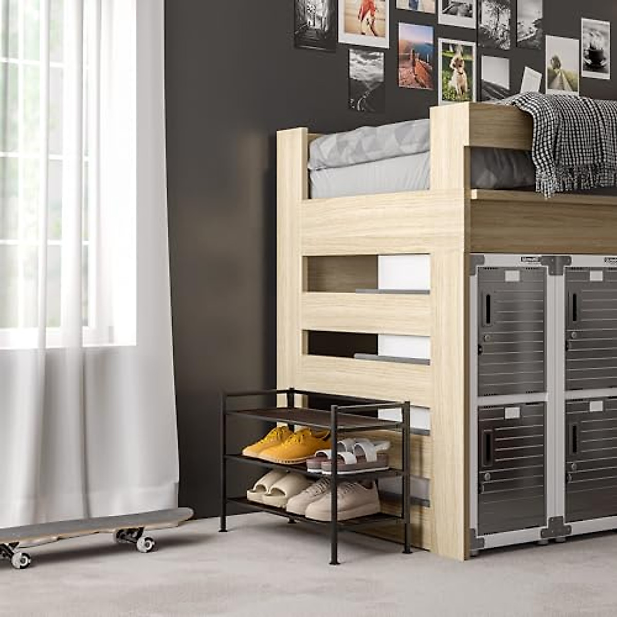 Seville Classics Sturdy Freestanding Storage Shelf for Bedroom, Closet, Entryway, Dorm Room Organizer, Stackable Metal 3-Tier 2" Resin Slat Shoe Rack, Espresso