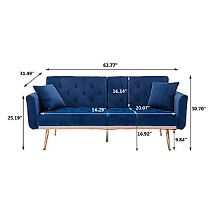 SZLIZCCC 63" Accent Sofa, Mid Century Modern Velvet Fabric Couch， Convertible Futon Sofa Bed ，Recliner Couch Accent Sofa Loveseat Sofa with Gold Metal Feet (Blue)