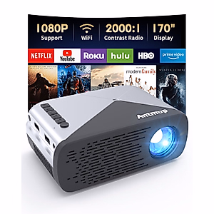 Mini Projector with WiFi, Supported 1080P Full HD, Portable Outdoor Movie Projector, Home Theater Video Projector Compatible with TV Stick/HDMI/USB/PS4/iOS & Android