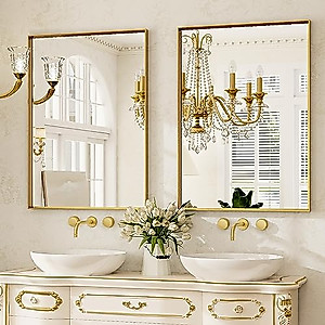 XRAMFY Gold Framed Mirrors for Bathroom, 24x36 inch Bathroom Vanity Mirror, Metal Frame Wall Mounted Rectangle Mirror for Washroom Bedroom Living Room (Horizontal/Vertical)