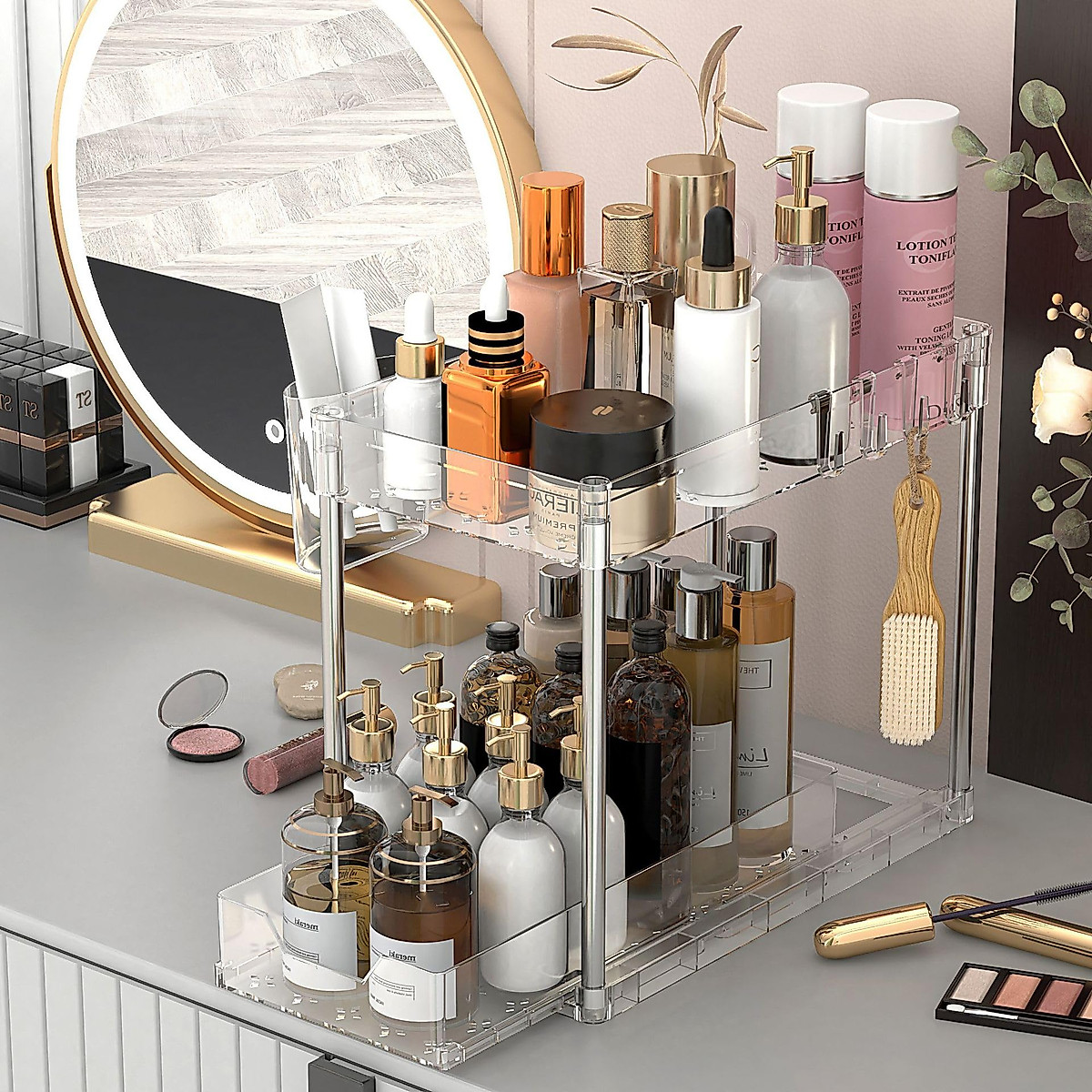 Gbasics Under Sink Clear Organizer and Storage, Pull Out Cabinet Organizer with Sliding Drawer 2 Tier Multi-Purpose Bathroom Shelf Organizer for Kitchen Bathroom Storage