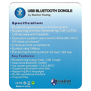 BlueDot Trading Mini Bluetooth Smart Low Energy Dongle Adapter, CSR 4.0 CSR4.0 Compliant, USB 2.0, for Windows 8 7 XP, Laptop Desktop PC
