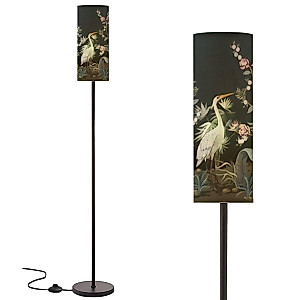 RZNTJHUINA Vintage Standing Lamps Chinoiserie Style Storks Peonies Minimalist Floor Lamp Rustic Metal Pole Lamp with Linen Lampshade for Bedroom Living Room Office Nursery Reading Foot Switch