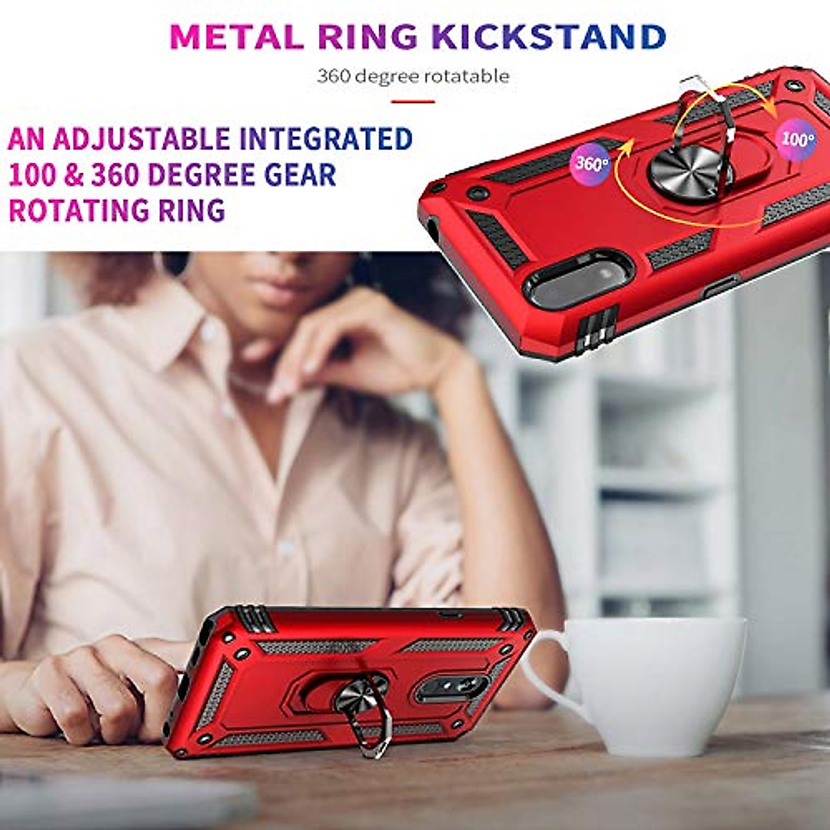 STARSHOP LG Stylo 5 Phone Case, [Not Fit Stylo 4 / Stylo 6], with [Tempered Glass Protector Included] Military Grade Shockproof Protection Cover with Rotating Ring Holder Kickstand - Scarlet