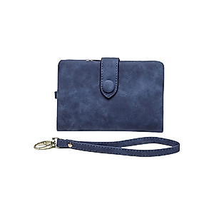 Small Trifold Leather Wallet for Women, Compact Ladies Credit Card Holder Handbag with Strap, Leather Clutch Wallets Multi Card Organizer (Navy)