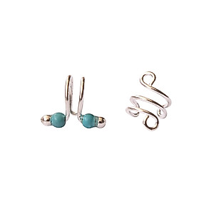 Handmade Silver Wire 2Pcs Adjustable Ear Swirl & Turquoise Ear Cuffs Non-Piercing Earring, 925 Sterling Silver, Fake Cartilage Helix Non-Pierced Ear Wrap Clip on for Women, By Miya Jewelry
