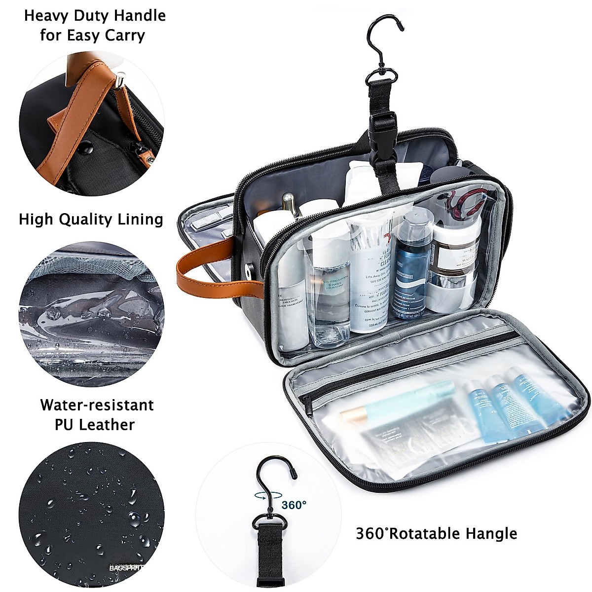 BAGSPRITE Large Toiletry Bag for Men, Women Travel Bag with Hanging Hook, Water-resistant Makeup Cosmetic Bag Shaving Kit Organizer, Bathroom Bag for Traveling