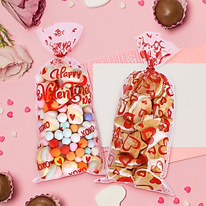 Kesoto 100 Pieces Red Valentines Day Cellophane Treat Bags for Kids, Clear Heart Goodie Candy Snack Bags Bulk with Twist Ties for Valentines Party Favor Supplies