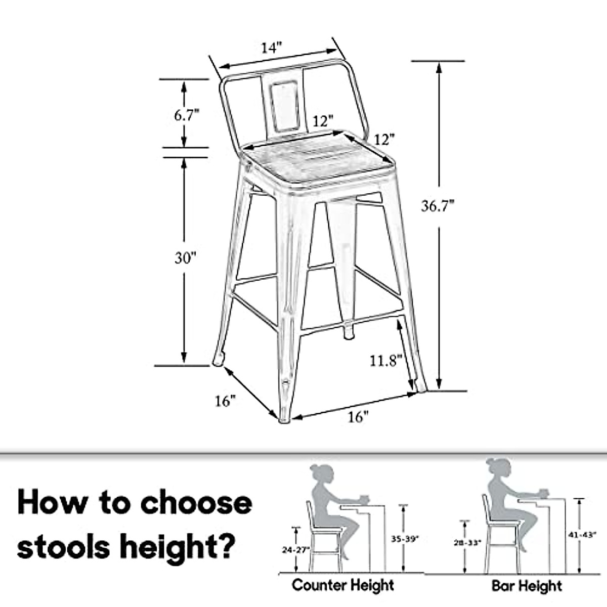 HAOBO Home 30" Low Back Barstools Metal Stool with Wooden Seat [Set of 4] Counter Height Bar Stools, Matte Black