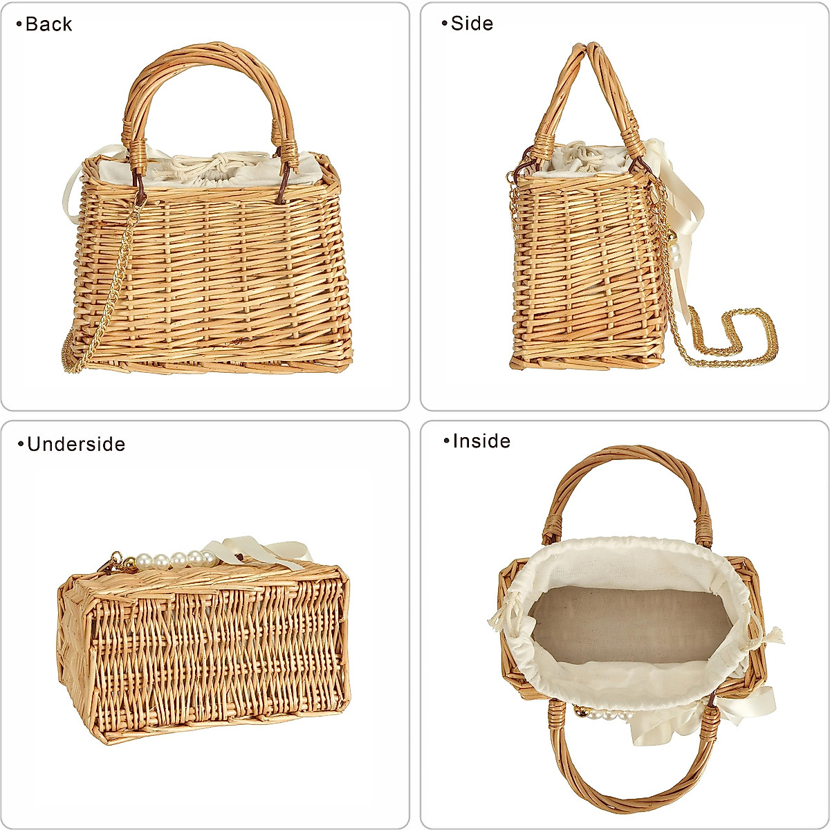 So'each Women's Handmade Rattan Wicker Artificial Pearl Shoulder Bag Beige