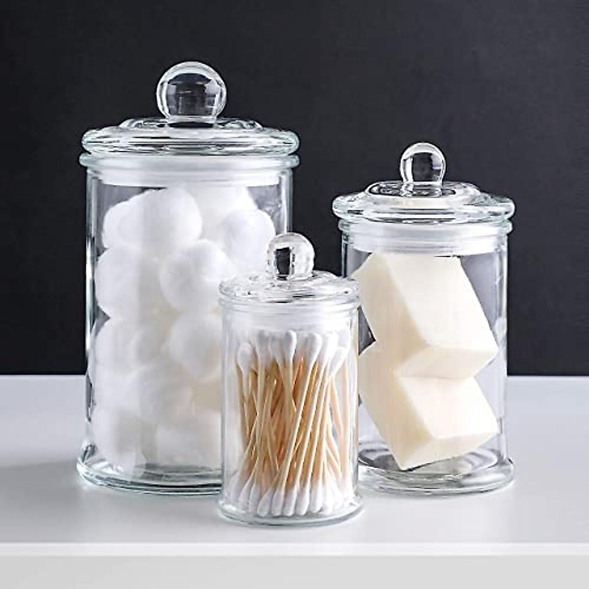 KMwares 3PCs Set Small Mini Clear Glass Premium Quality Apothecary Jars with lids Bathroom Accessories Set for Bathroom Laundry Room Storage or Kitchen / Vanity Organizer Canisters for Cotton Balls / Swabs, Makeup Sponges, Bath Salts, Q-Tips (Clear)