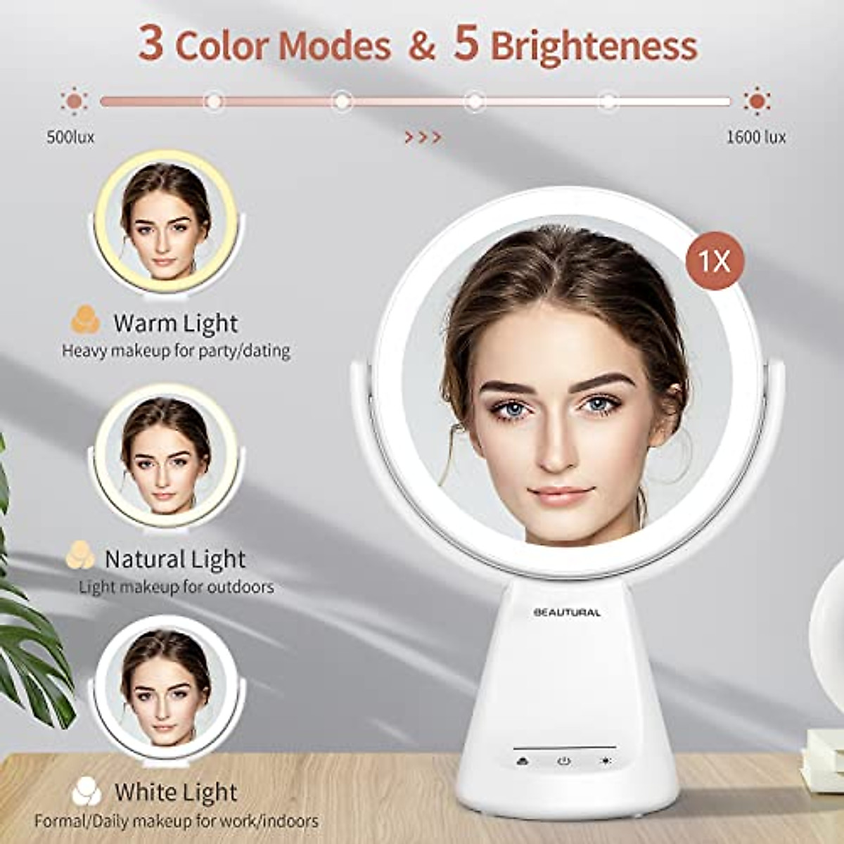 Lighted Makeup Vanity Mirror with 3 Colors, 6.5" Double Sided 1x/10x Magnifying Mirror with Lights, Adjustable Brightness&Standing Height, 360 Degree Rotation Touch Sensor,AC Adapter Powered