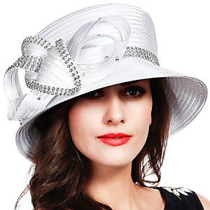 FORBUSITE Church Kentucky Dress Derby Hats for Women White - Satin w Rhinestone