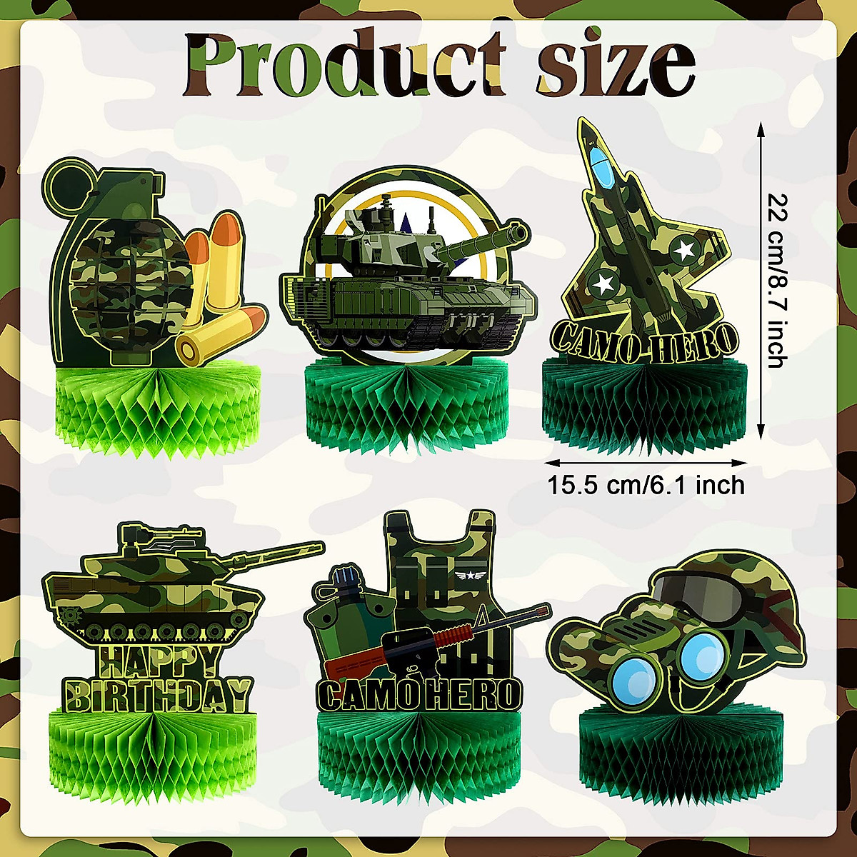 6 Pieces Army Military Honeycomb Centerpieces Camo Party Tank Camouflage Party Decorations Supplies 3D Birthday Theme Cakes Balls Table Topper Photo Props for Soldier Camouflage Baby Shower