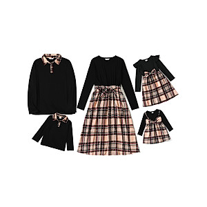 PATPAT Matching Family Outfits Mommy and Me Dresses Matching Set Mom and Daughter Matching Outfits Long Sleeve Patchwork Belted Dress and Button Down Plaid Shirts Khaki Buffalo Plaid Dress for Women M