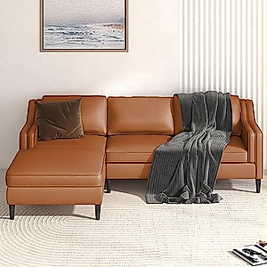 Mjkone Top Grain Leather Sectional Sofa Couch, Luxurious Upholstered Couches with Left Facing Chaise, Modular Lounge ＆ 2-Seater Couch Set for Living Room Apartment Office (Cognac Tan)