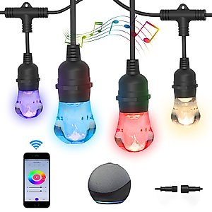 BAYLABS Outdoor String Lights, 48FT Smart Patio Lights, RGBW Color Changing Outdoor Lights, 15 LED Bulbs Work with Alexa, IP65 Waterproof, Shatterproof, Dimmable for Party Cafe Bistro Backyard Garden