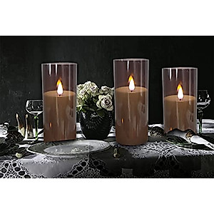 Kitch Aroma 3D Wick Grey Acrylic Glass Flameless Candles, Grey Flickering LED Pillar Candles with Remote Control, Set of 2