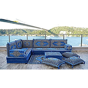 Blue Premium Arabic Seating, Handmade Floor Couches, Sectional Sofas, Turkish Floor Sofas, Moroccan Livingroom Sofas, Arabic Majlis, Sofa Slipcovers, Living Room Furniture (L Sofa Full Set)