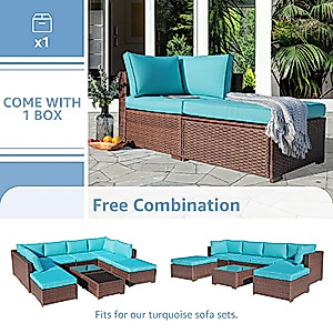 OC Orange-Casual 2 Piece Patio Sectional Furniture Set with Back Seat Cushions, Outdoor Armchair Wicker Sofa, Ottoman Brown Wicker & Turquoise Cushion