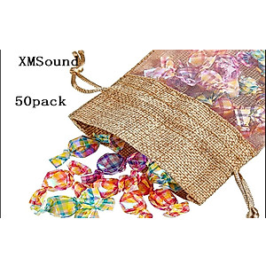 XMSound 50 Pack 5x7 Inch Linen Burlap Sheer Bag Organza Bag Burlap Bags Gift Bags with Drawstring, for Wedding Party Favors Cosmetic Samples Mesh Pouch DIY Craft
