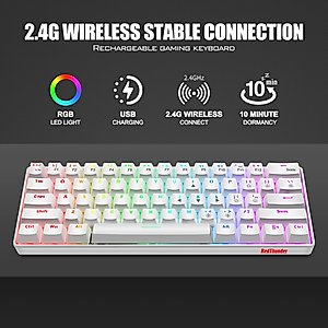 RedThunder 60% Wireless Mechanical Keyboard, 1850mAh Rechargeable Battery Wireless Gaming Keyboard, True RGB Backlit, 61 Keys Compact Layout for PC Gamer (White, Blue Switch)