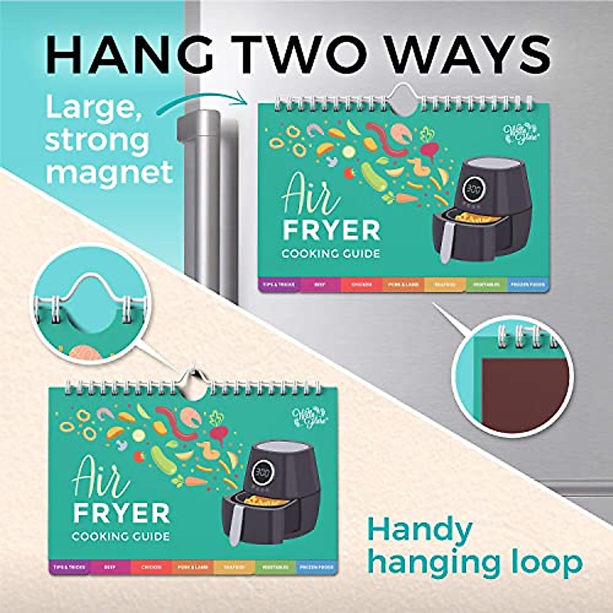 Willa Flare Air Fryer Magnetic Cheat Sheet Cooking Times Reference Guide for 80 Foods - Flip Chart and 6 Vinyl Decal Stickers | Perfectly Fry Family Favorites like Pizza, Chicken Nuggets, French Fries