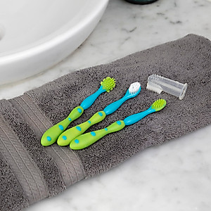 Dr. Talbot's Oral Care Set with Stand; 4-Stage System with 1 Silicone Finger Massager, 2 Massaging Brushes, 1 Soft Nylon Bristle Toddler Toothbrush; 0+ Months, Blue & Aqua