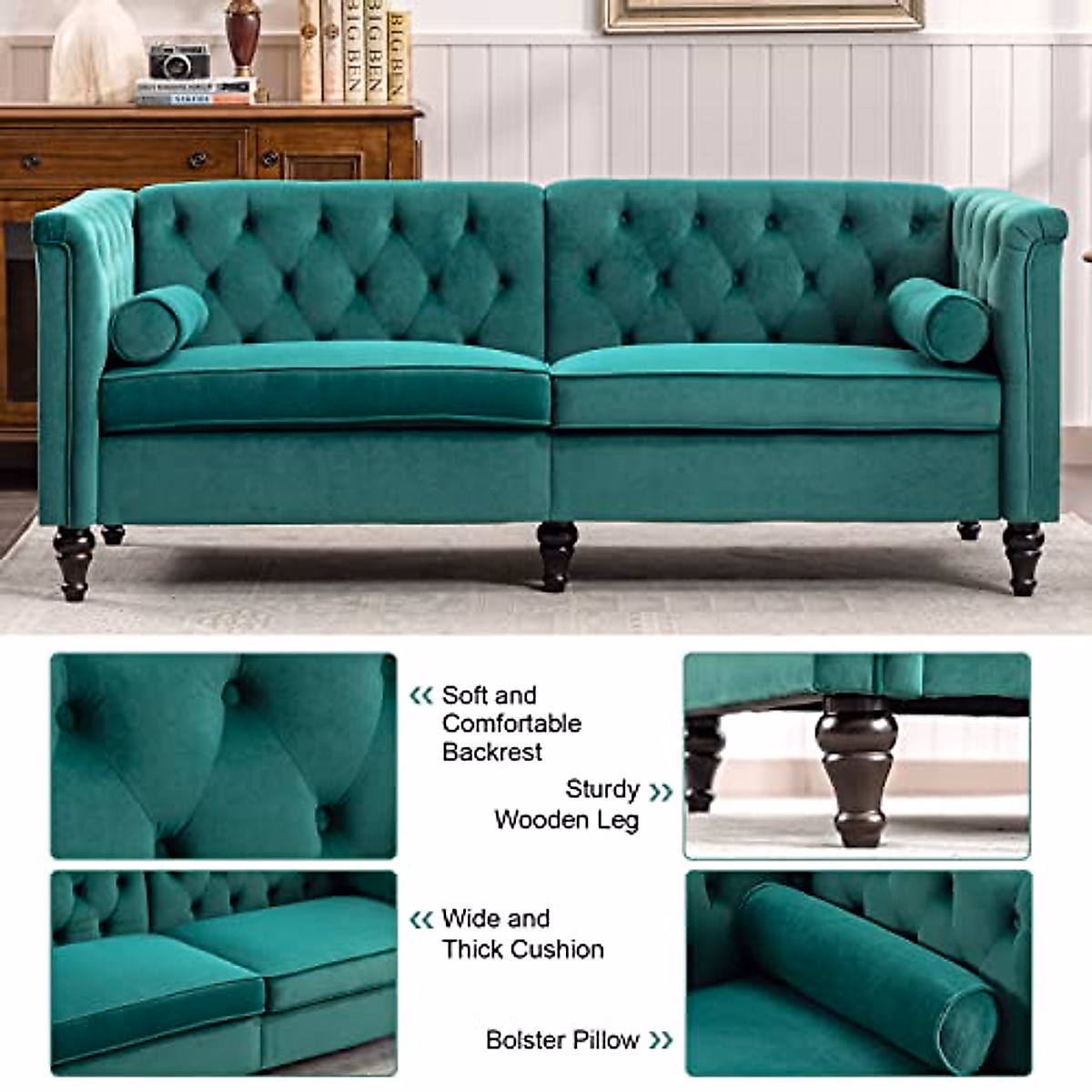 TTGIEET 76'' W Velvet Sofa Mid-Century Modern Love Seats, 3 Seater Sofa Couch with Two Bolster Pillows, Tufted futon Sofa Furniture for Living Room Bedroom Office （Green）