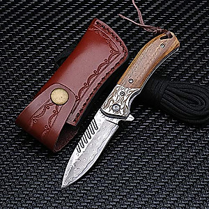 NedFoss Damascus Pocket Knife for Men, Handmade Forged Damascus Steel Folding Knife with Wood Handle, Excellent Gifts for Men Women