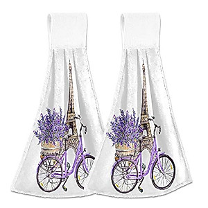 2 Pack Purple Lavender Eiffel Tower Hanging Kitchen Towels Romantic Spring Floral Bicycle Hand Towel with Loop Soft Microfiber Dish Towels Tie Towel for Bathroom Absorbent Washcloth